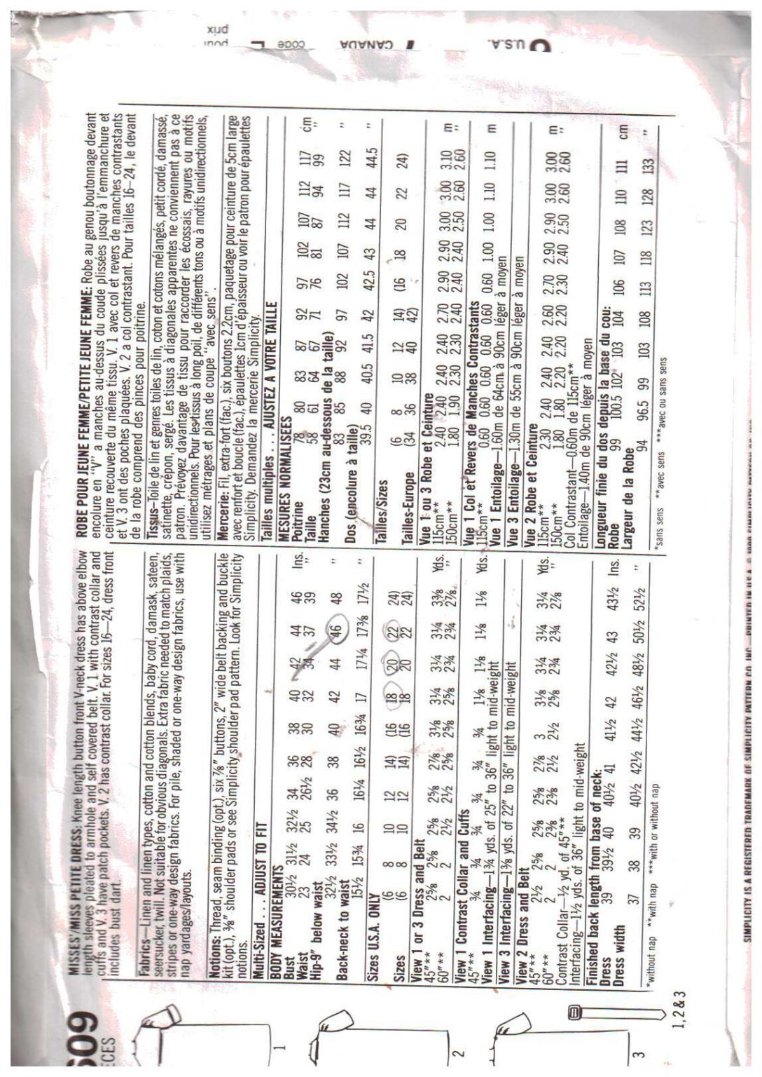 Simplicity 9609 Dress Size: U5 16-24 Used Sewing Pattern