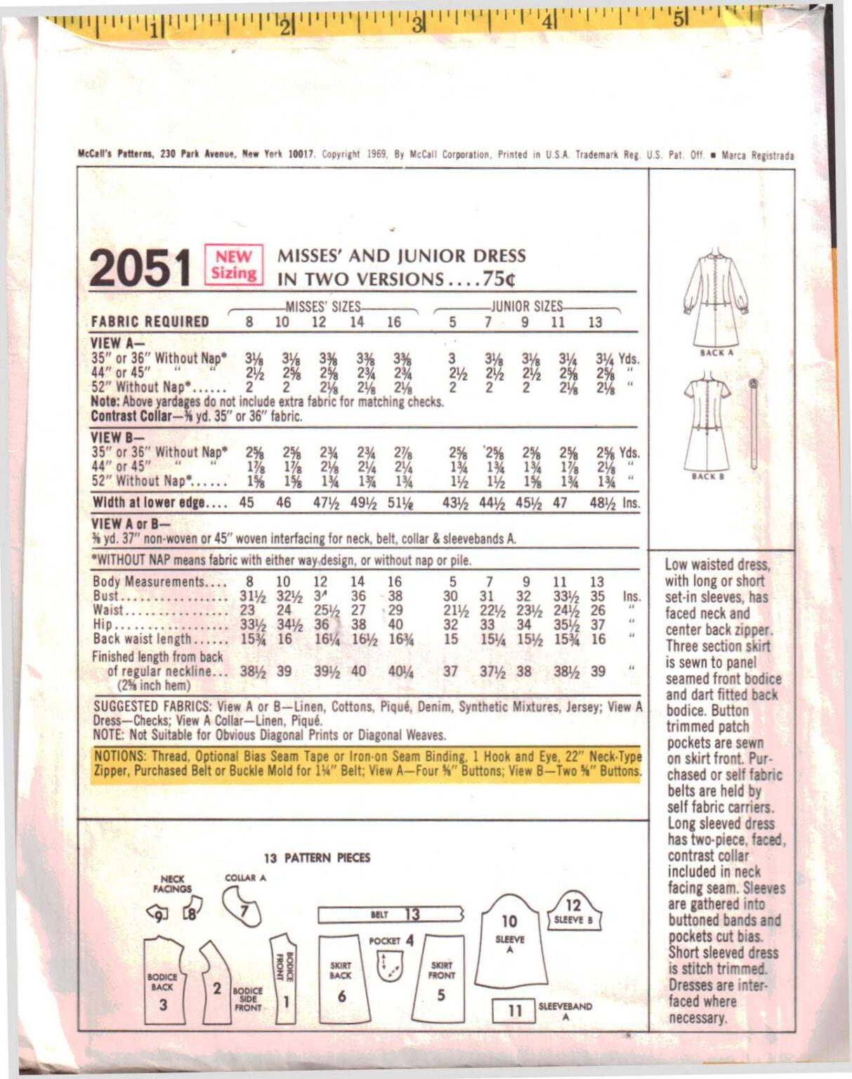 McCall's 2051 Dress in Two Versions Size: 10 Bust 32.5 Used Sewing Pattern