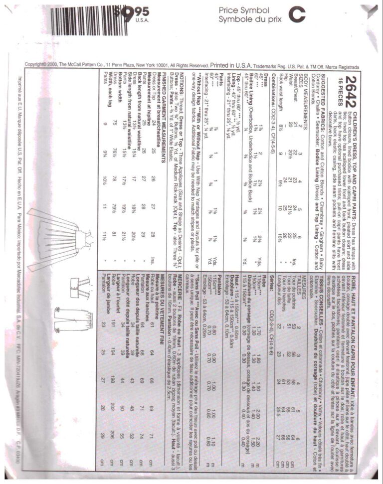 McCall's 2642 Girls Dress, Top, Capri Pants Size: CD 2-3-4 or CF 4-5-6 ...