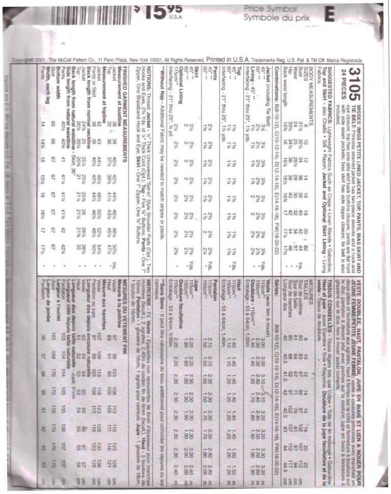 McCall's 3105 Jacket, Top, Pants, Bias Skirt, Tie Belt Size: C 10-12-14 ...