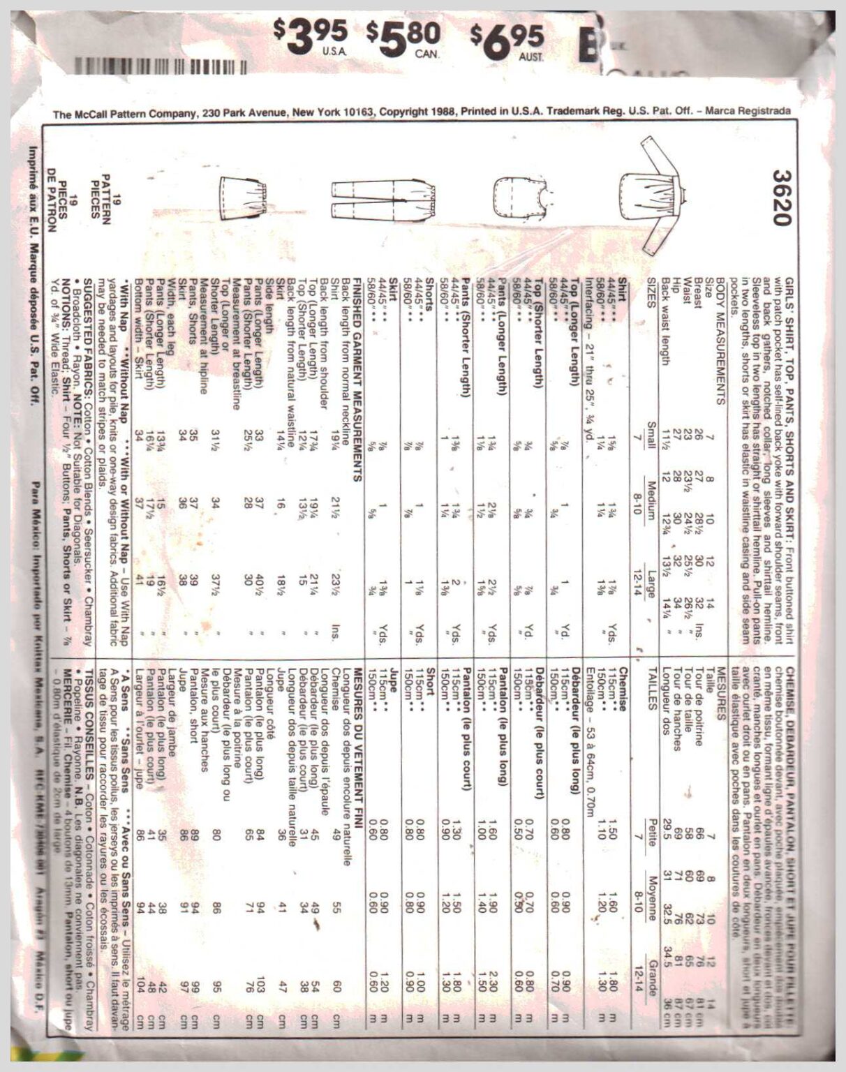 McCall's 3620 Girls Shirt, Top, Pants, Shorts, Skirt Size: 7 Used ...