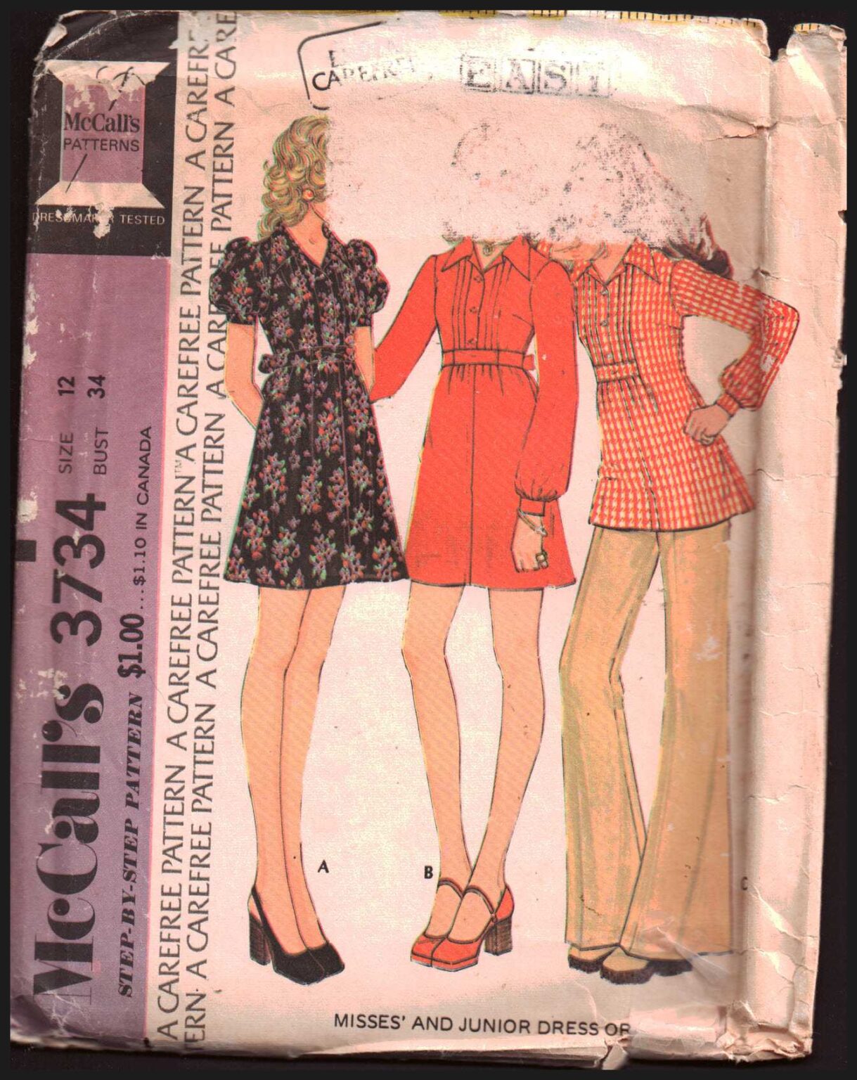 McCall's 3734 Dress, Top Size: 12 Bust 34 Used Sewing Pattern