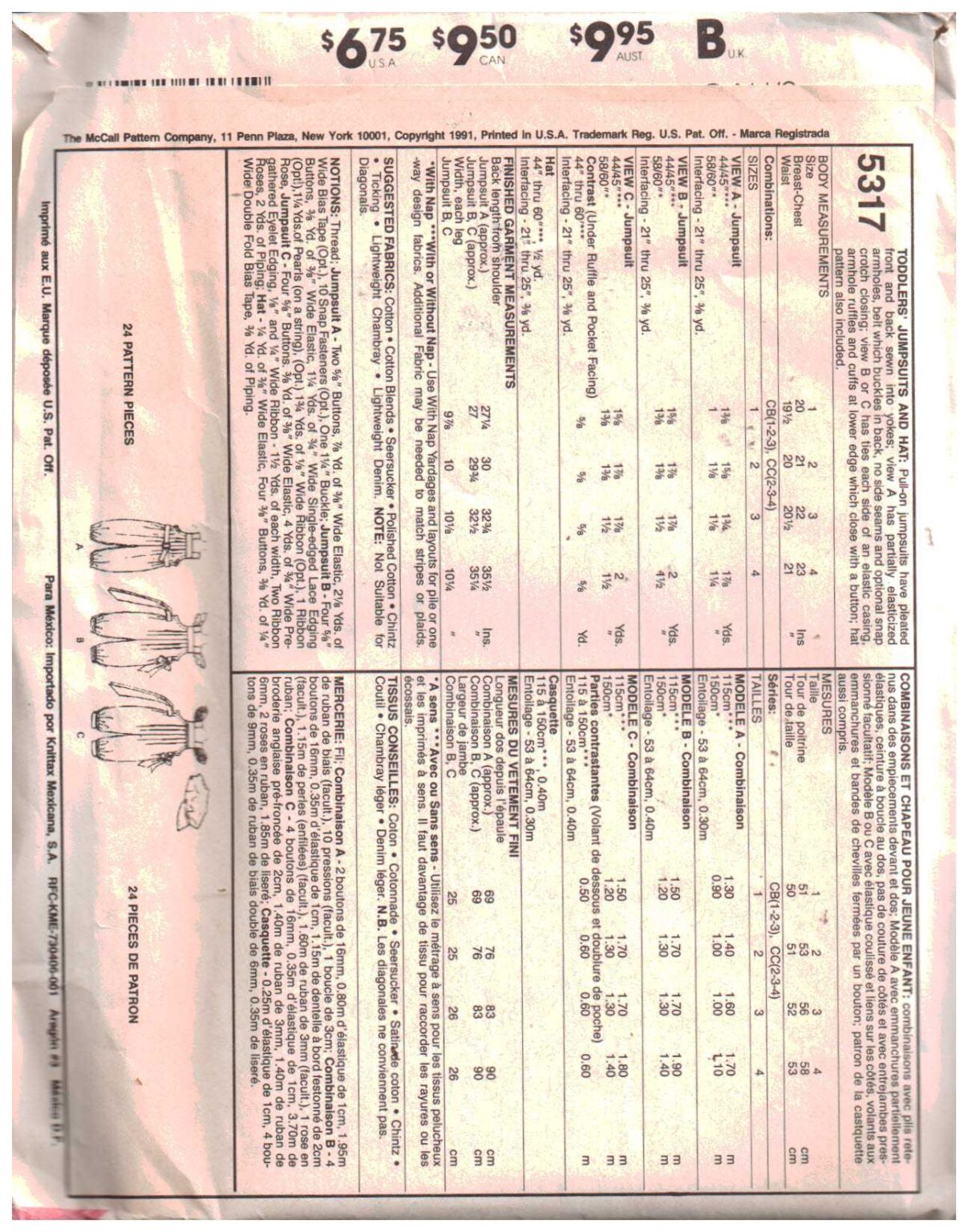 McCall's 5317 Toddlers Jumpsuits, Hat Size: CB 1-2-3 Uncut Sewing Pattern