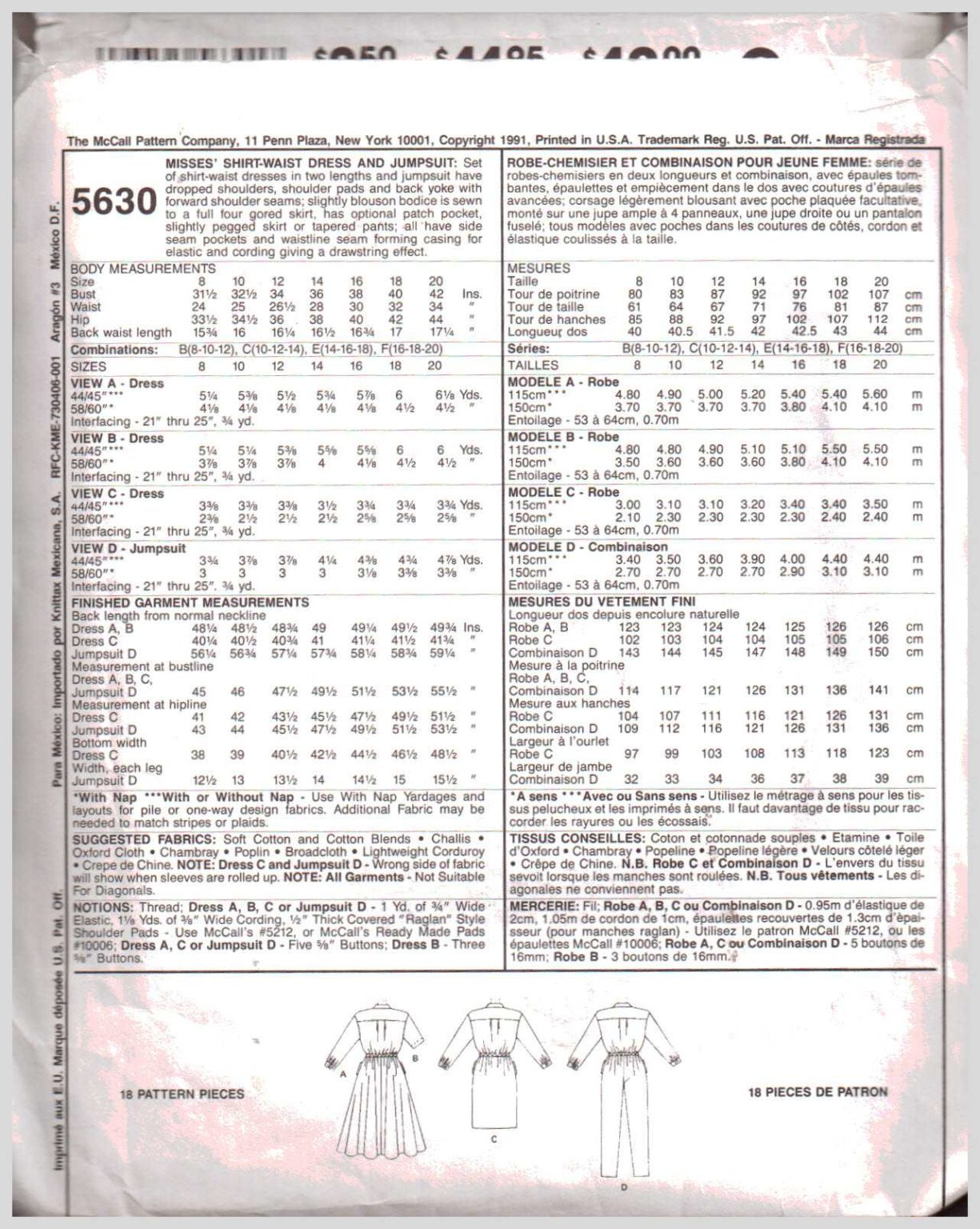 McCall's 5630 Shirt-Waist Dress, Jumpsuit Size: B 8-10-12 Uncut Sewing ...