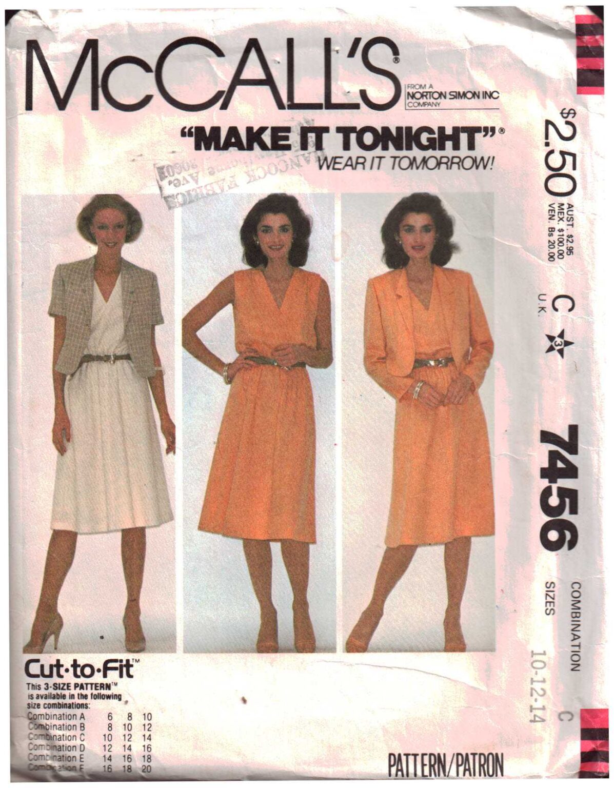 McCall's 7456 Dress, Jacket Size: C 10-12-14 Used Sewing Pattern