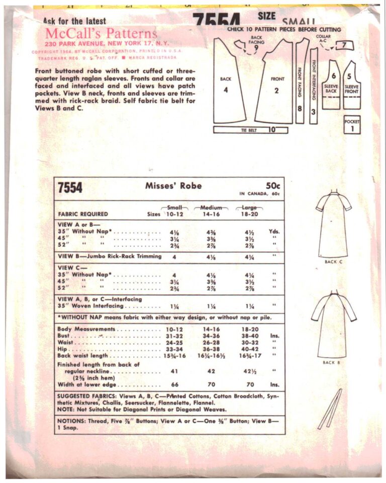 McCall's 7554 Robe Size: 10-12 Uncut Sewing Pattern