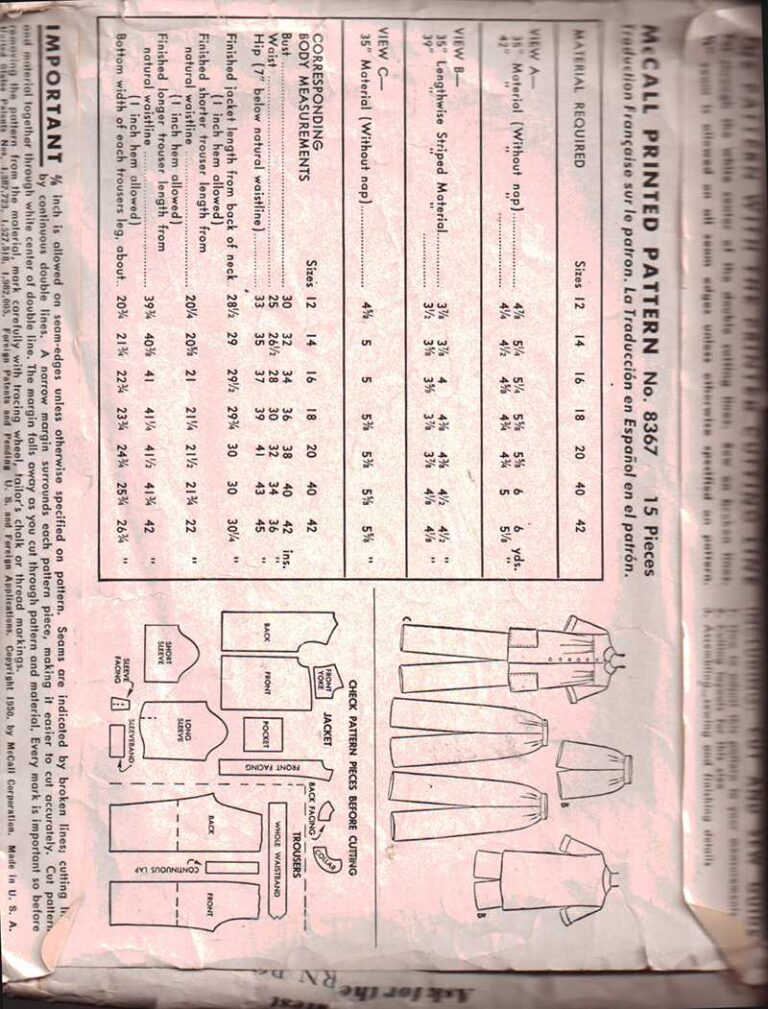 McCall's 8367 Pajamas Size: 14 Bust 32 Used Sewing Pattern