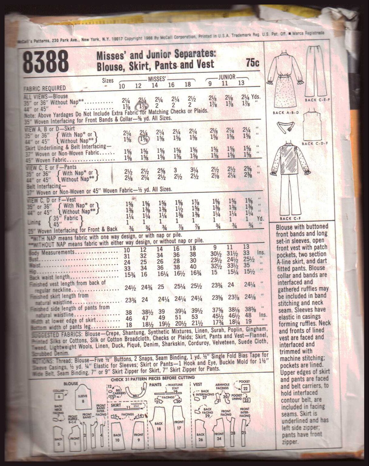 McCall's 8388 Blouse, Skirt, Pants, Vest Size: 12 Bust 32 Used Sewing ...