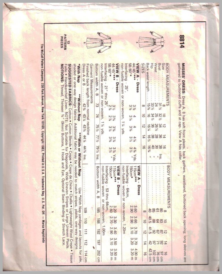 McCall's 8814 Dress Size: 16 Bust 36 Used Sewing Pattern