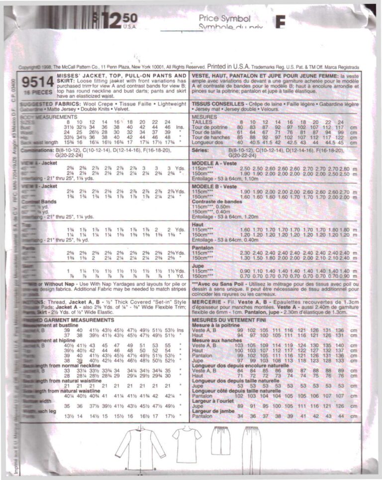 McCall's 9514 Jacket, Top, Pull-on Pants, Skirt Size: C 10-12-14 Uncut ...