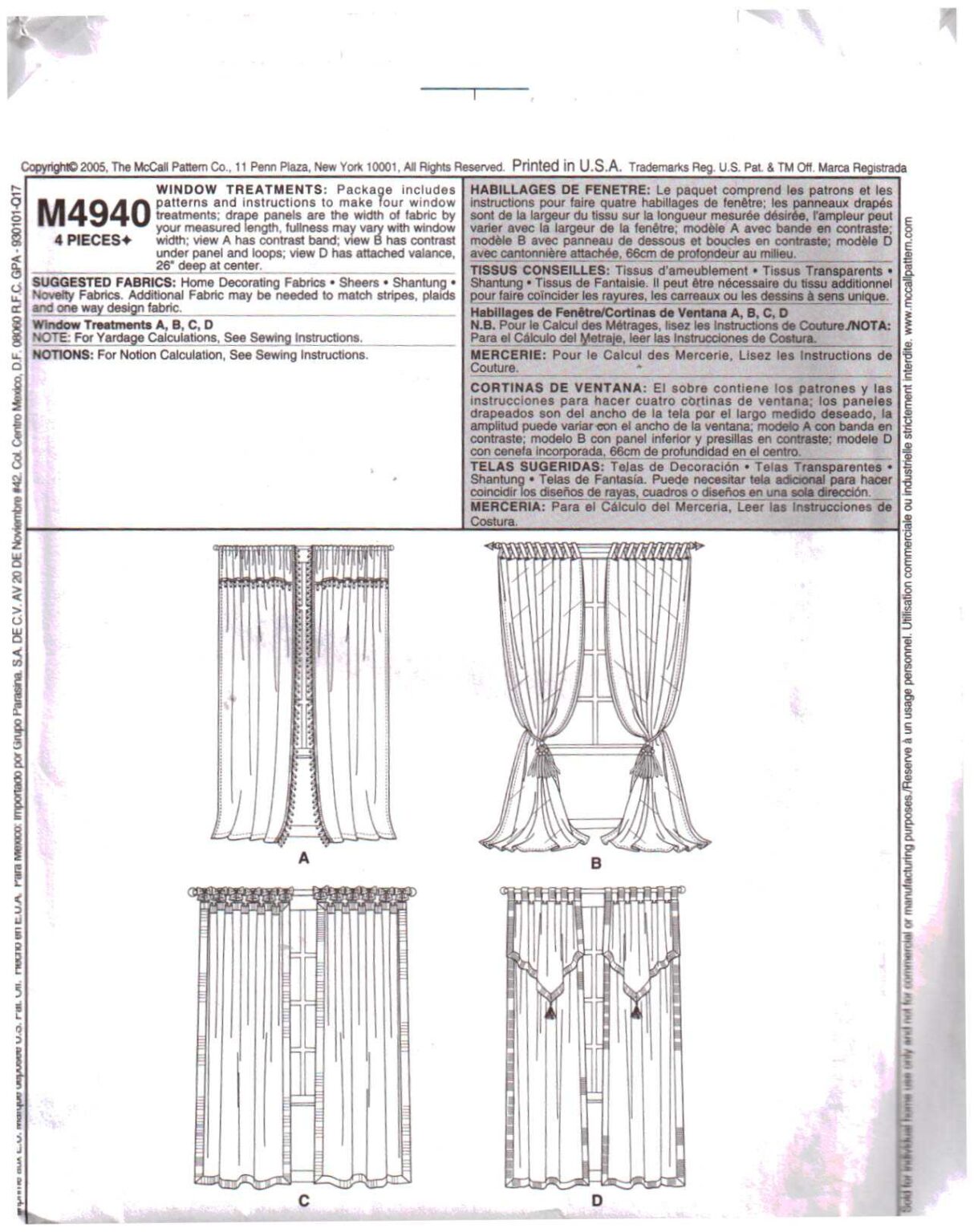 McCall's M4940 Window Treatments Size: One Uncut Sewing Pattern