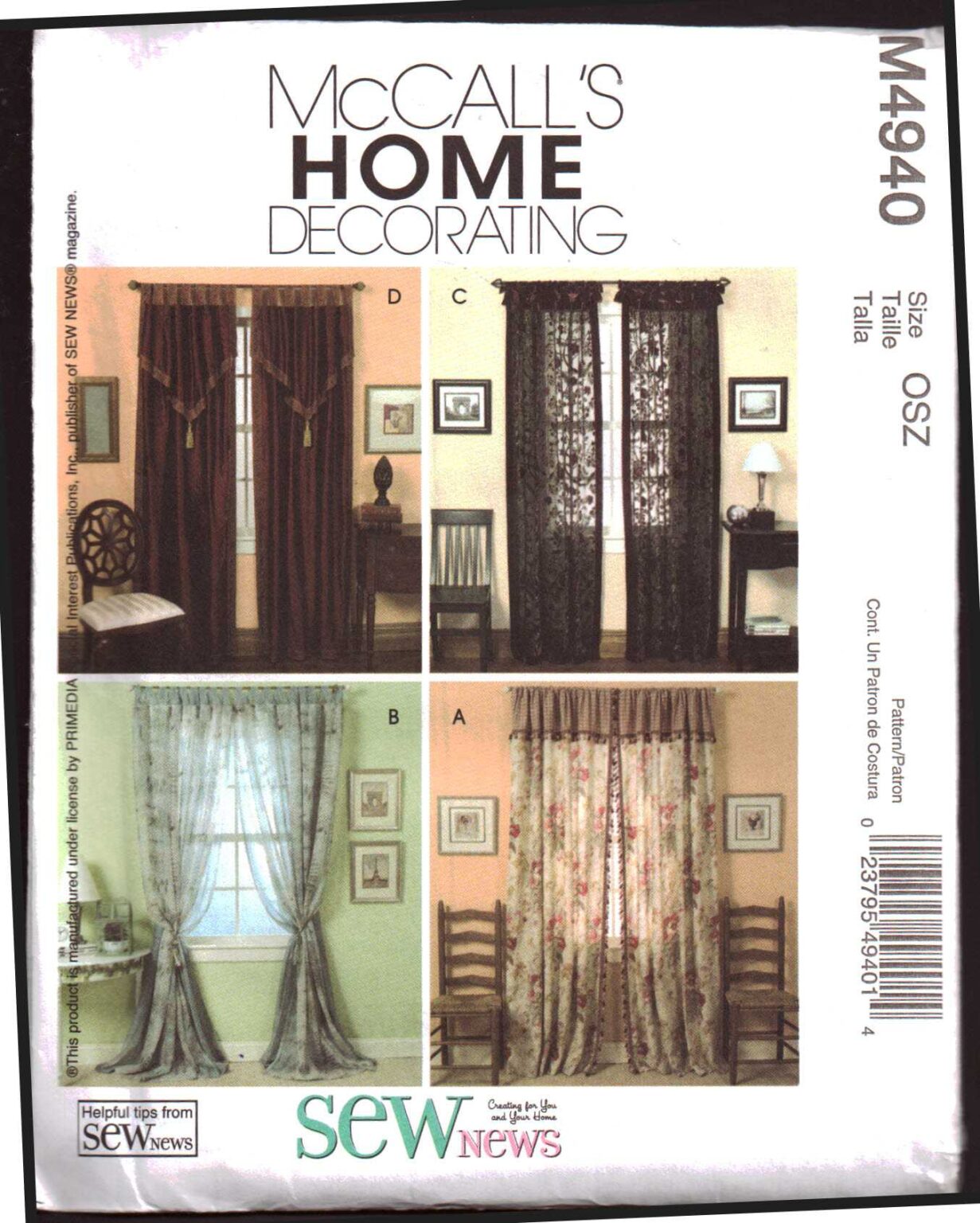 McCall's M4940 Window Treatments Size: One Uncut Sewing Pattern