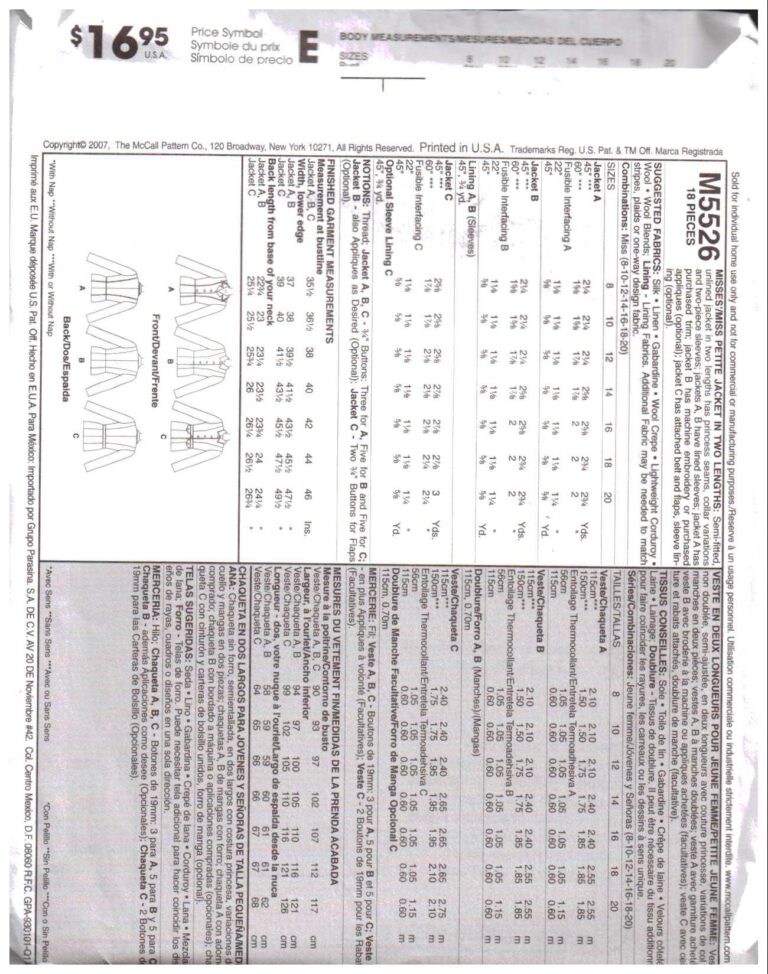 McCall's M5526 Jacket in two lengths Size: 8-10-12-14-16-18-20 Uncut ...