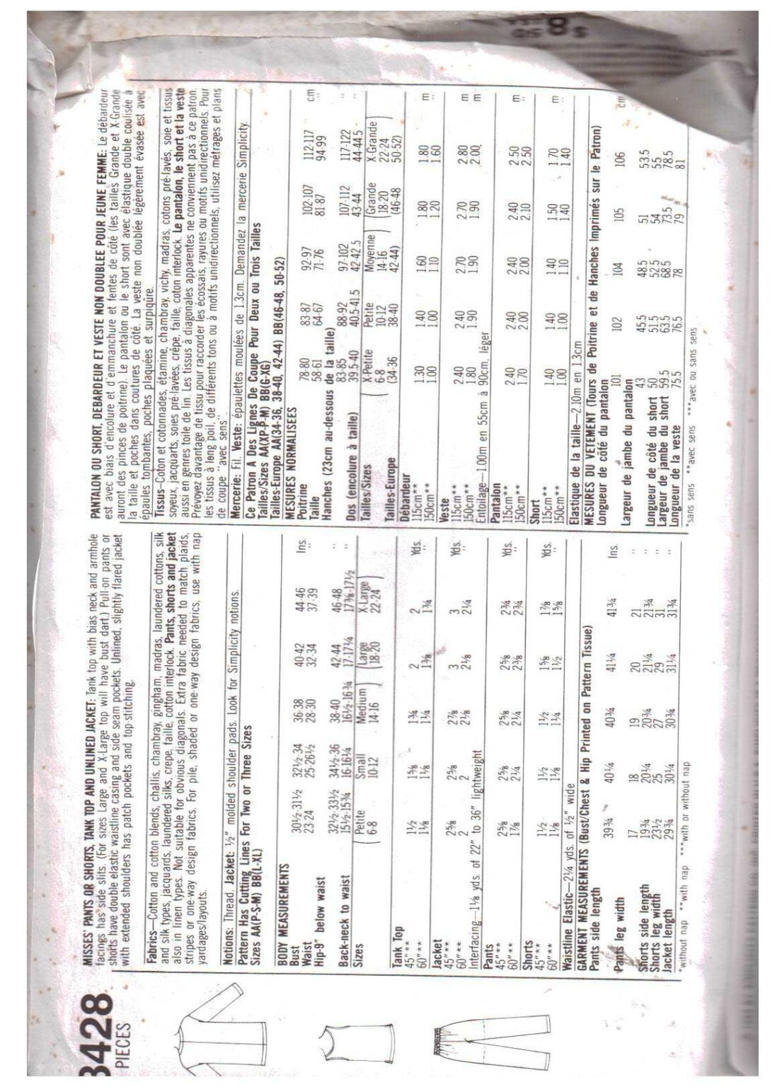 Simplicity 8428 Pants, Shorts, Tank Top, Unlined Jacket Size: AA PT-MD ...