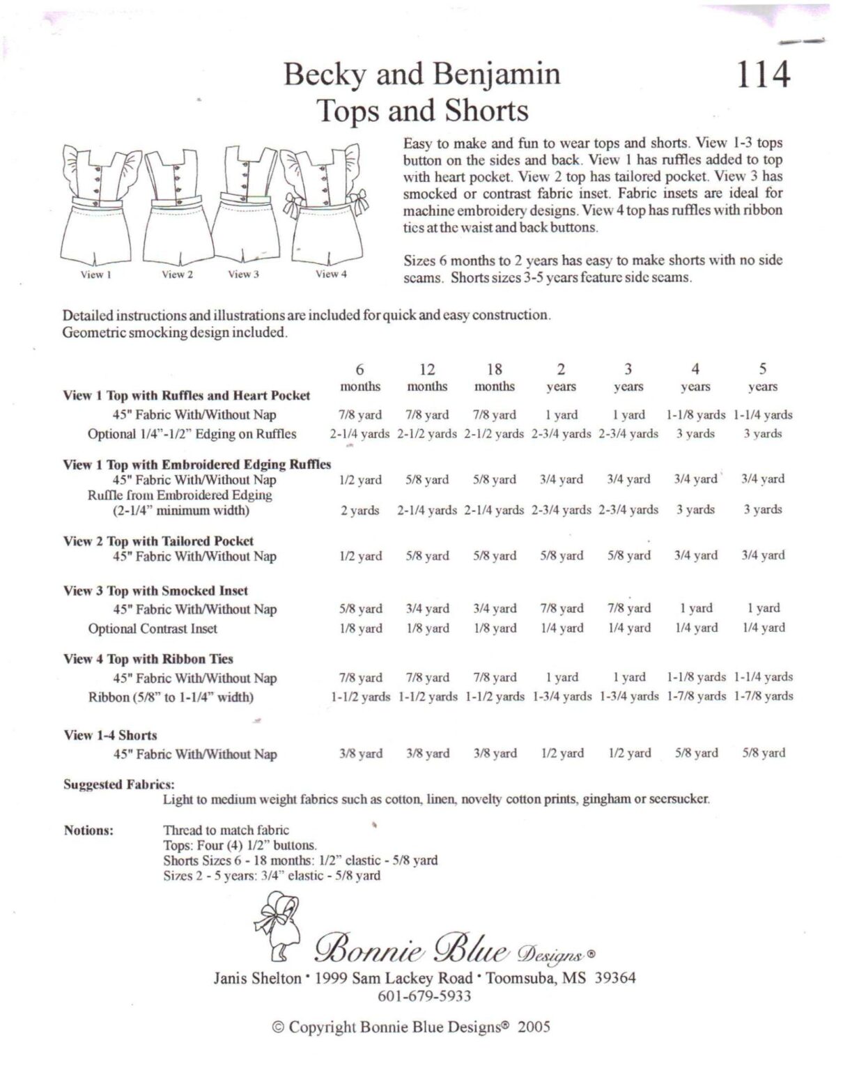 Bonnie Blue Designs 114 Becky & Menjamin Tops & Shorts Size: 6-12-18Mo ...