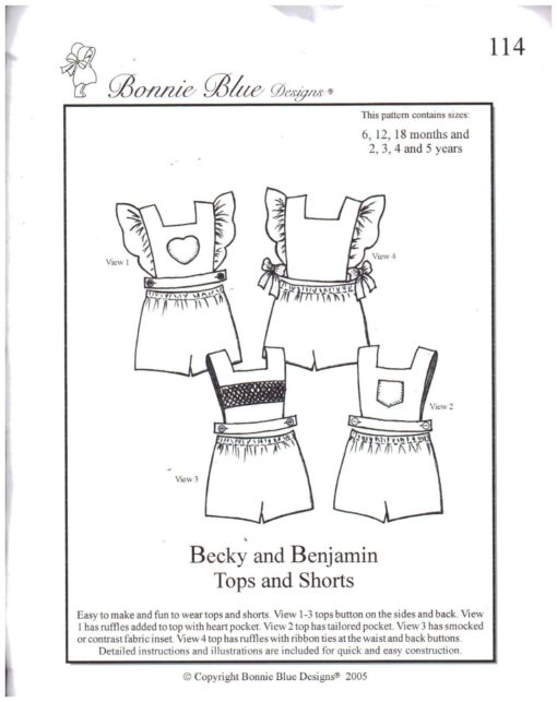 Bonnie Blue Designs 114 Becky & Menjamin Tops & Shorts Size: 6-12-18Mo ...