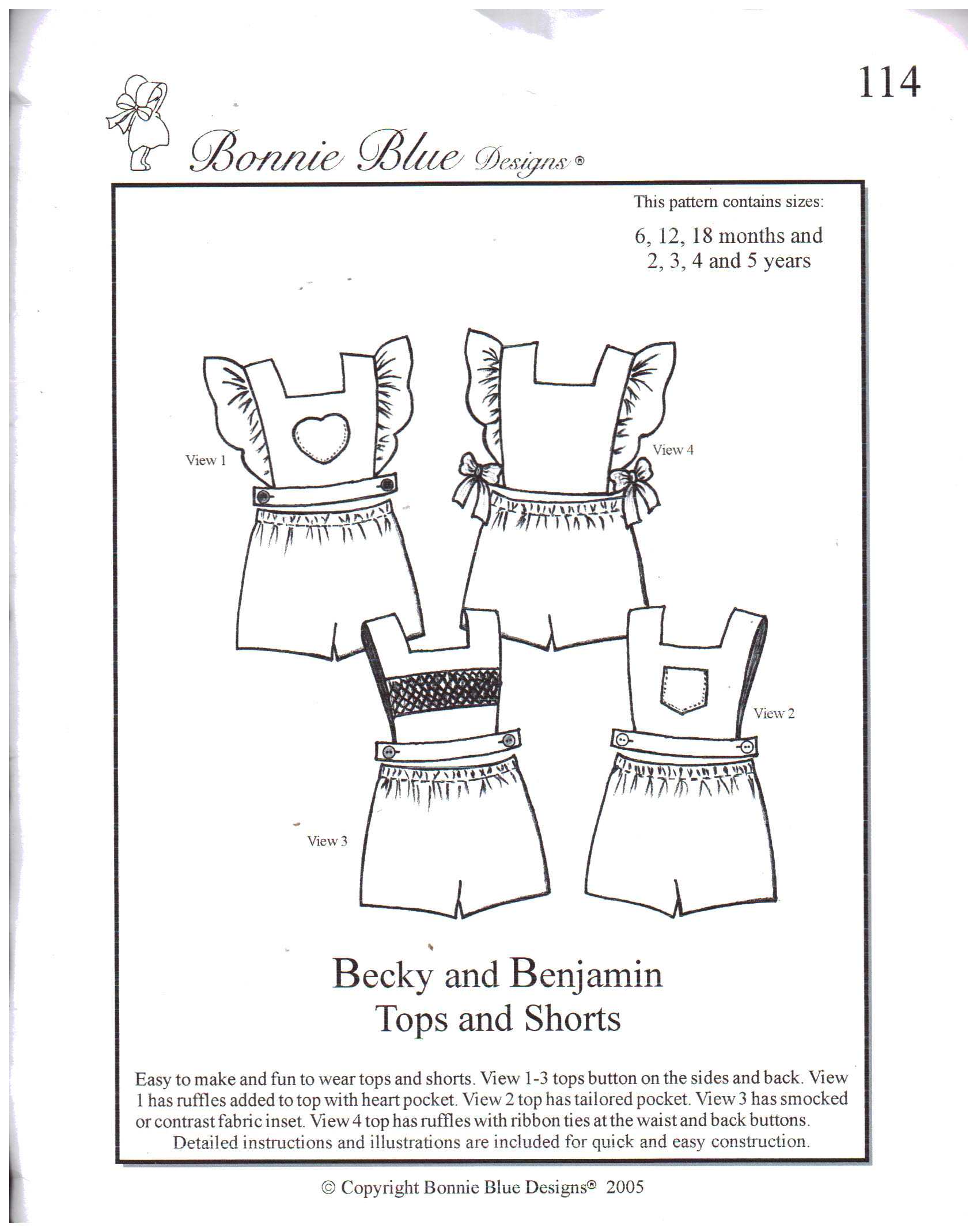 Bonnie Blue Designs 114 Becky & Menjamin Tops & Shorts Size: 6-12-18Mo ...