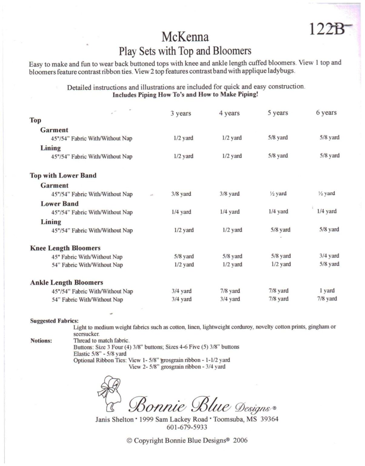 Bonnie Blue Designs 122B McKenna Play Sets with Top and Bloomers Size ...