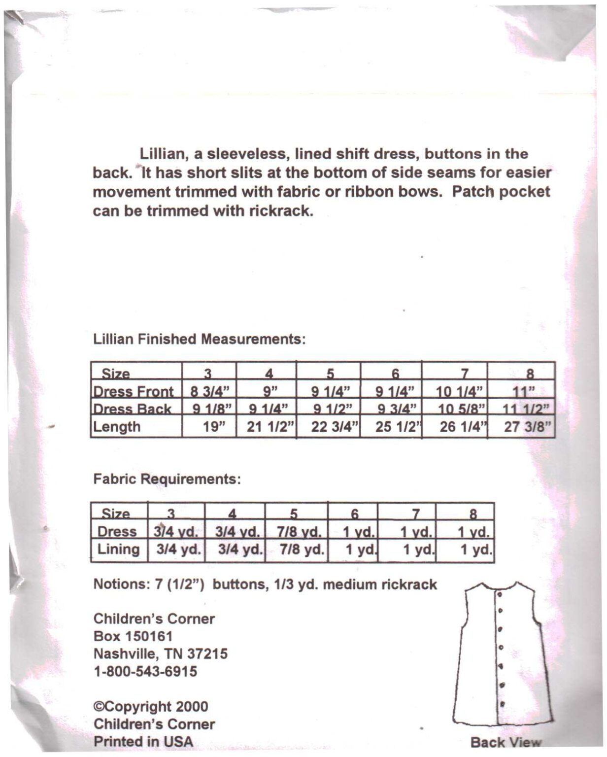 The Children's Corner Patterns 230 Lillian Size: 3-8 Uncut Sewing Pattern