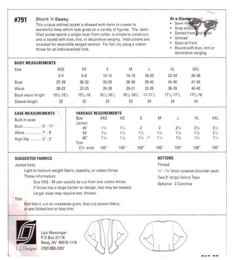 LJ Designs 791 Jacket Size: XXS-XXL Uncut Sewing Pattern