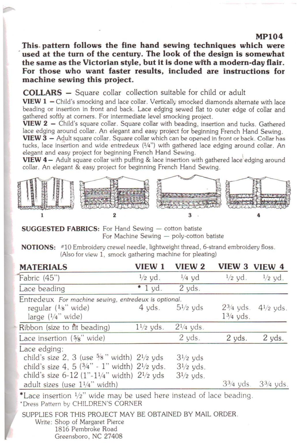 Margaret Pierce Square Collars Size: A 6-15 C2-12 Uncut Sewing Pattern