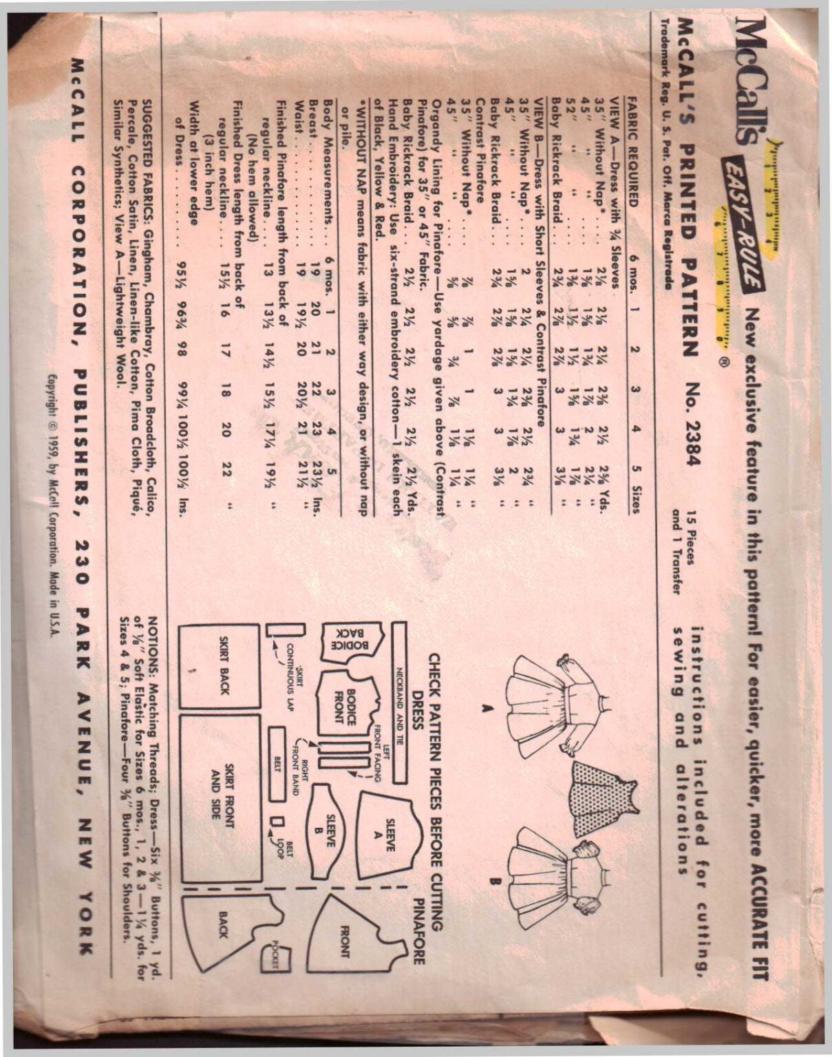 McCall's 2384 Babies Dress, Pinafore Size: 6MO Used Sewing Pattern