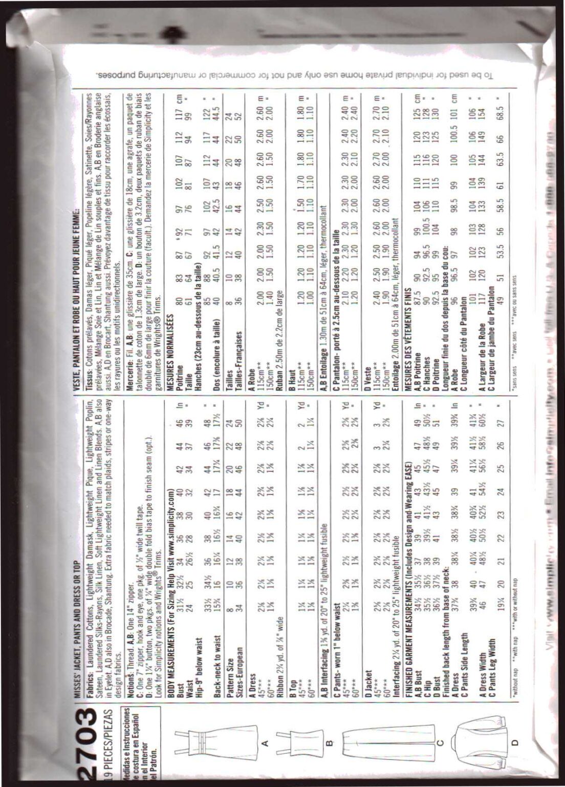 Simplicity 2703 Jacket, Pants, Dress, Top Size: K5 8-10-12-14-16 Uncut ...