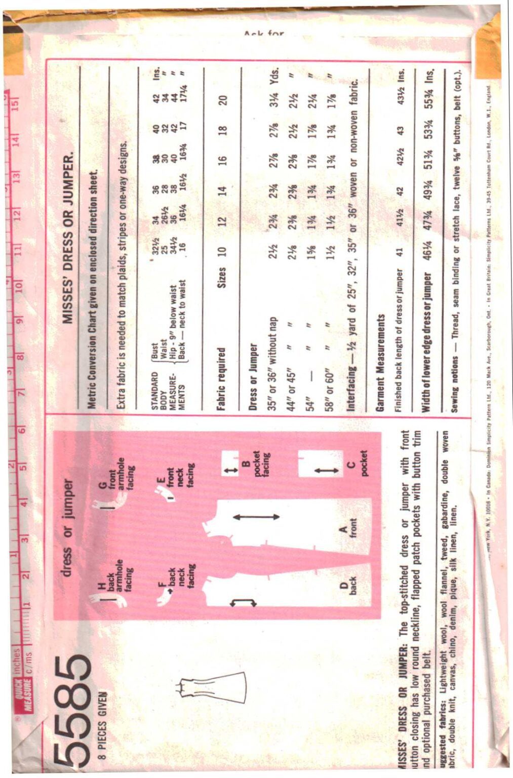 Simplicity 5585 Dress, Jumper Size: 14 Bust 36" Uncut Sewing Pattern