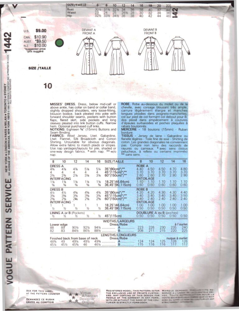 Vogue 1442 Dress by Calvin Klein Size: 10 Used Sewing Pattern