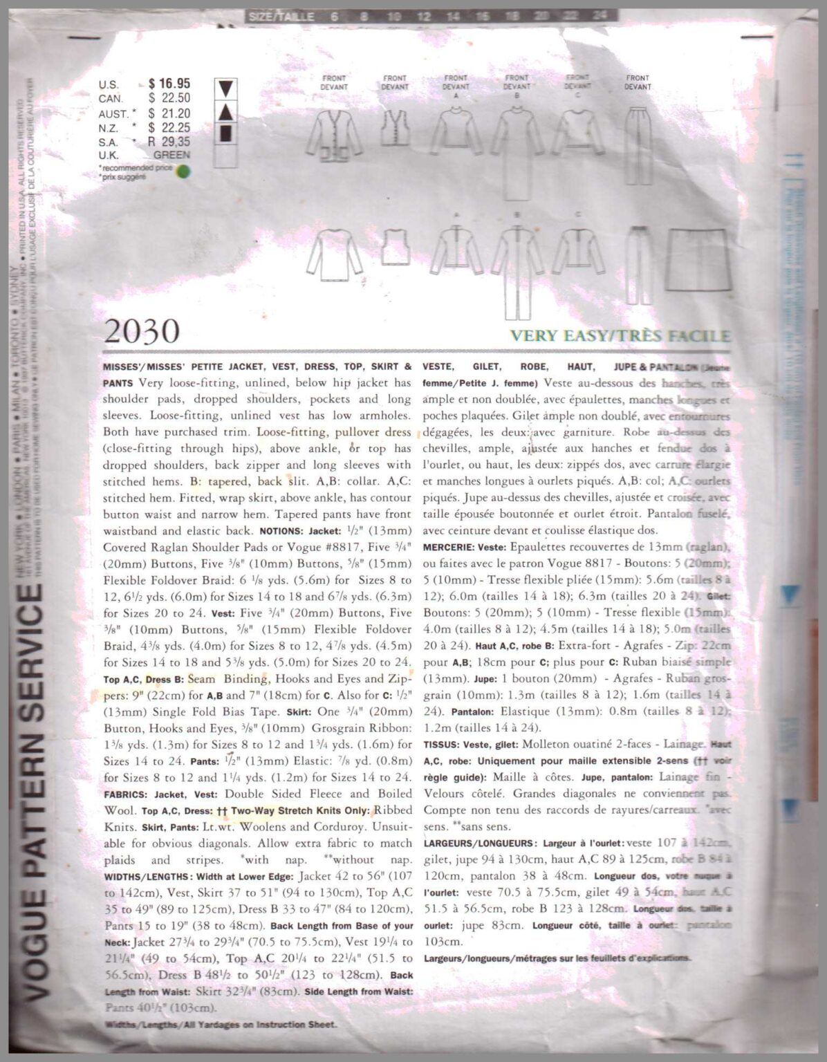 Vogue 2030 Jacket, Vest, Dress, Top, Skirt, Pants Size: 14-16-18 Uncut ...