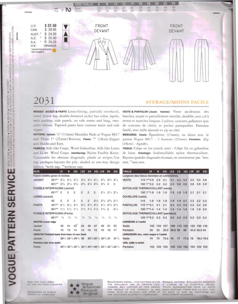 Vogue 2031 Jacket, Pants Size: 12-14-16 Uncut Sewing Pattern