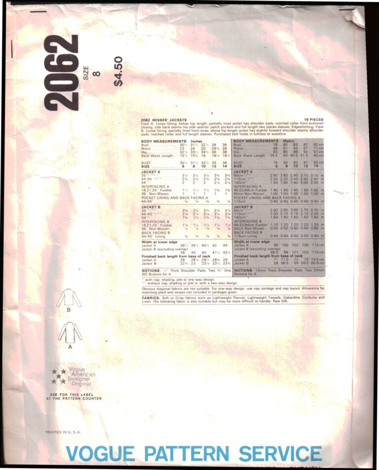 Vogue 2062 Jackets by Calvin Klein Size: 8 Used Sewing Pattern