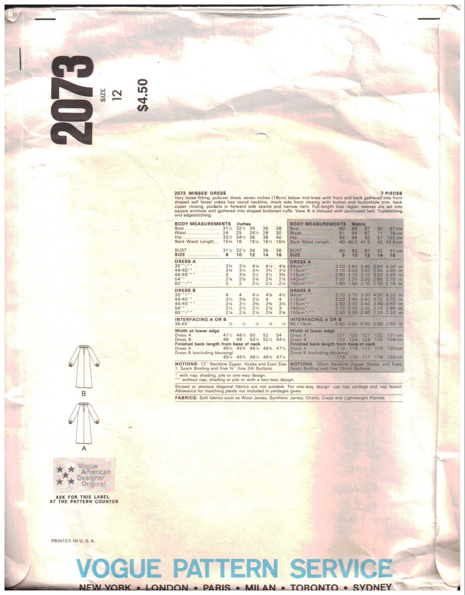 Vogue 2073 Dress by Jerry Silverman Size: 12 Used Sewing Pattern
