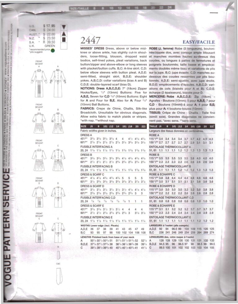 Vogue 2447 Dress Size: 6-8-10 or 18-20-22 Uncut Sewing Pattern