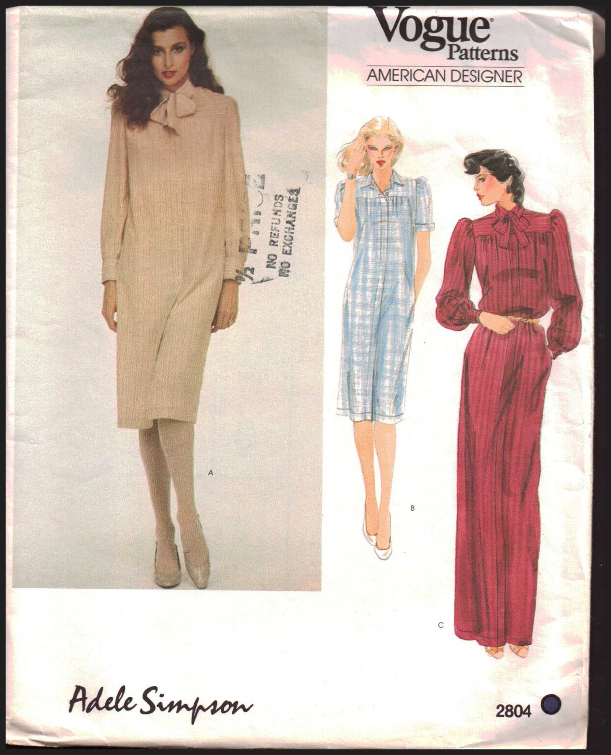 Vogue 2804 Dress, Tie by Adele Simpson Size: 14 Uncut Sewing Pattern