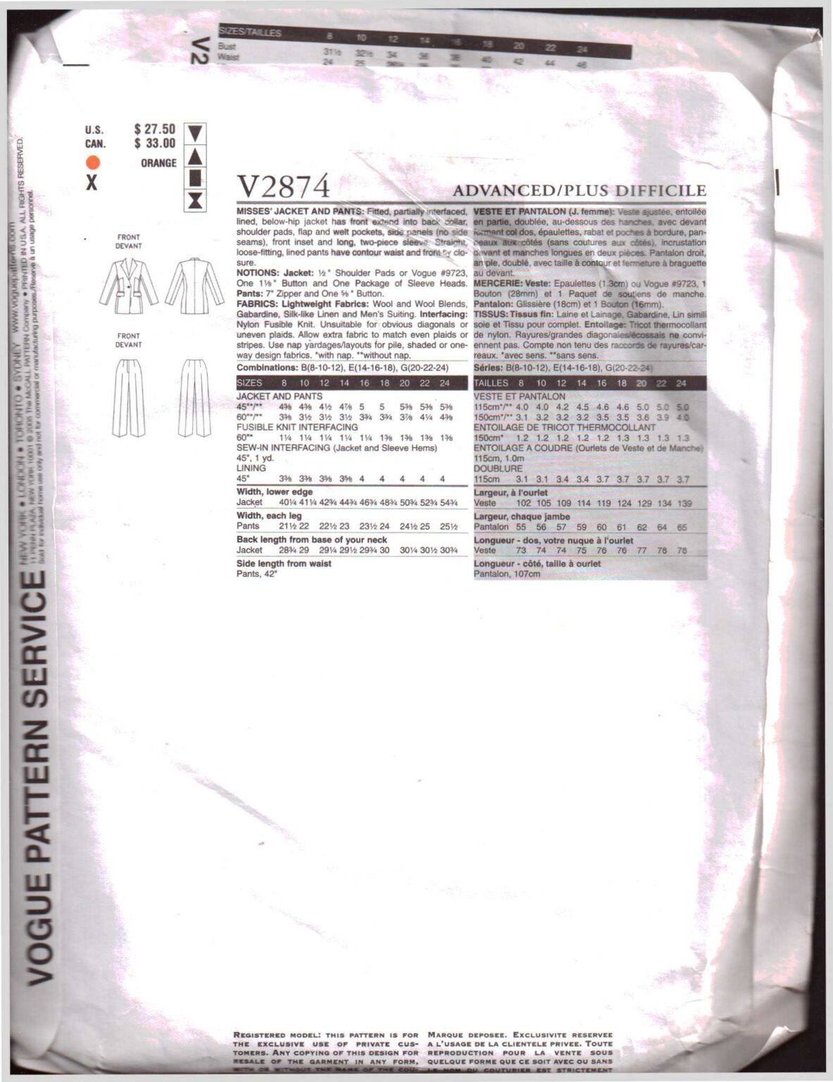Vogue V2874 Jacket, Pants by Anne Klein Size: B 8-10-12 Uncut Sewing ...
