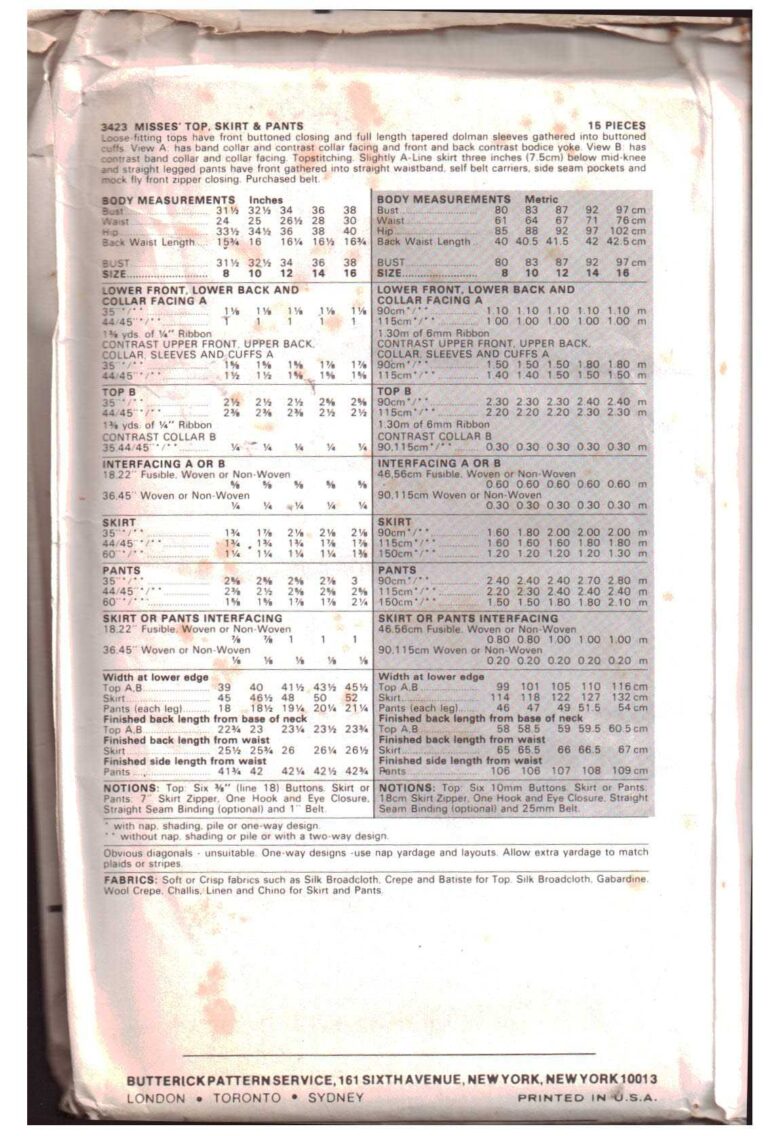 Butterick 3423 Top, Skirt, Pants Size: 10 Uncut Sewing Pattern