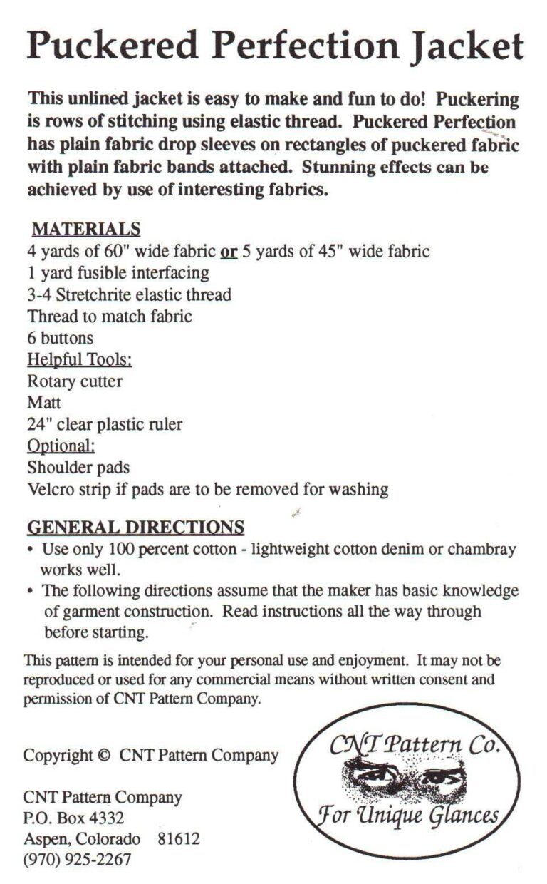 CNT Pattern Co Puckered Perfection Jacket Size: S-M-L-XL Uncut