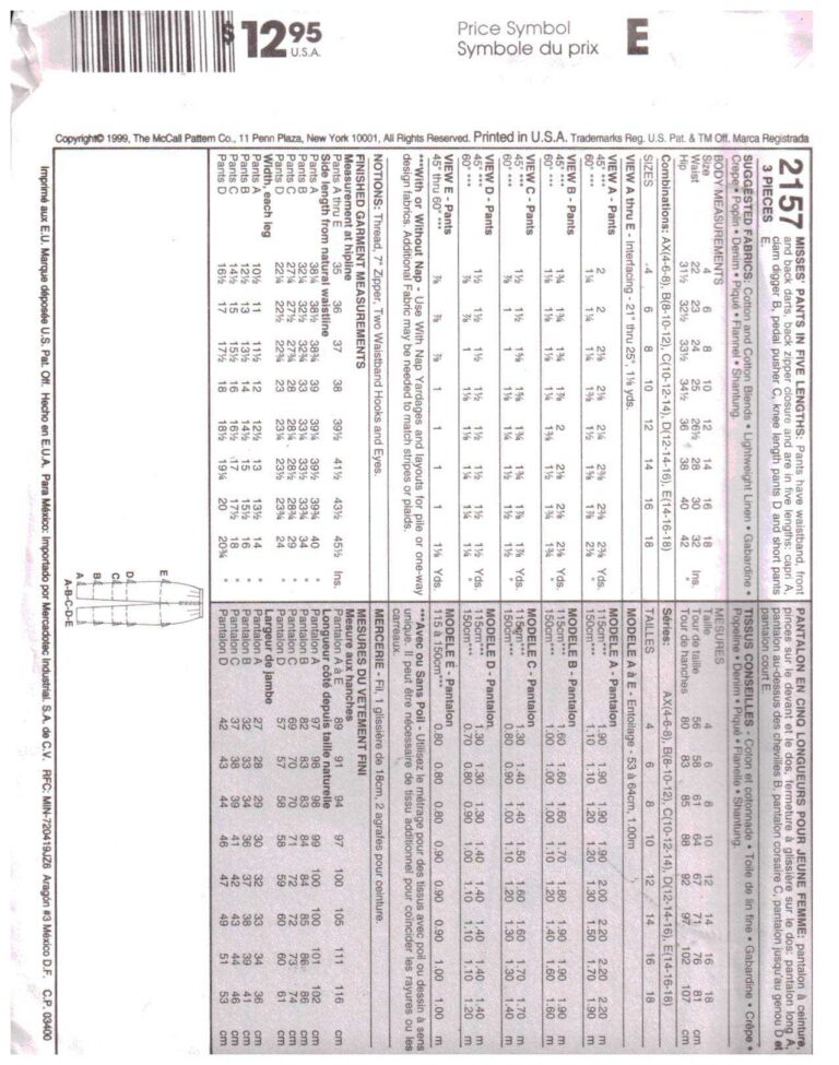 Simplicity 2157 Pants in five lengths Size: C 10-12-14 Uncut Sewing Pattern