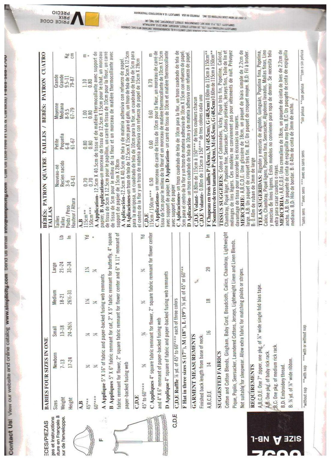 New Look 6692 Babies Dress, Hat Size: NB-S-M-L Uncut Sewing Pattern