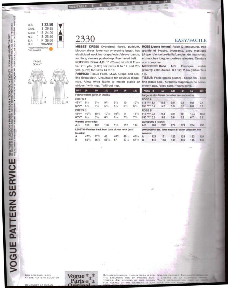 Vogue 2330 Dress by Yves Saint Laurent Size: 8-10-12 Uncut Sewing Pattern