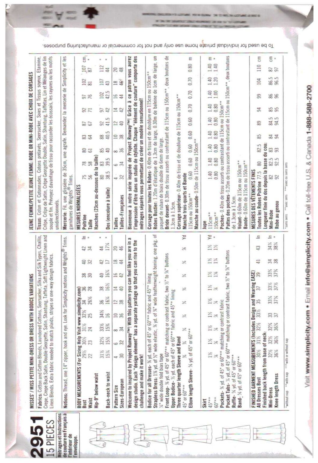 Simplicity 2951 Dress with bodice variations Size: D5 4-6-8-10-12 Uncut ...