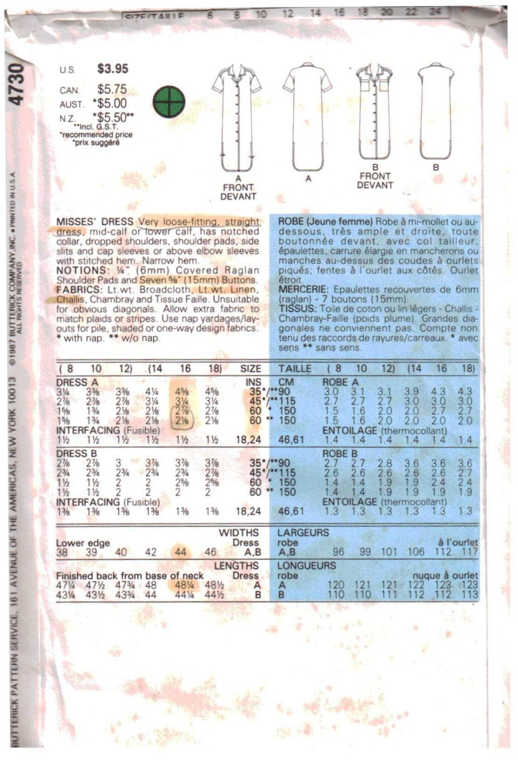 Butterick 4730 Dress Size: 14-16-18 Uncut Sewing Pattern