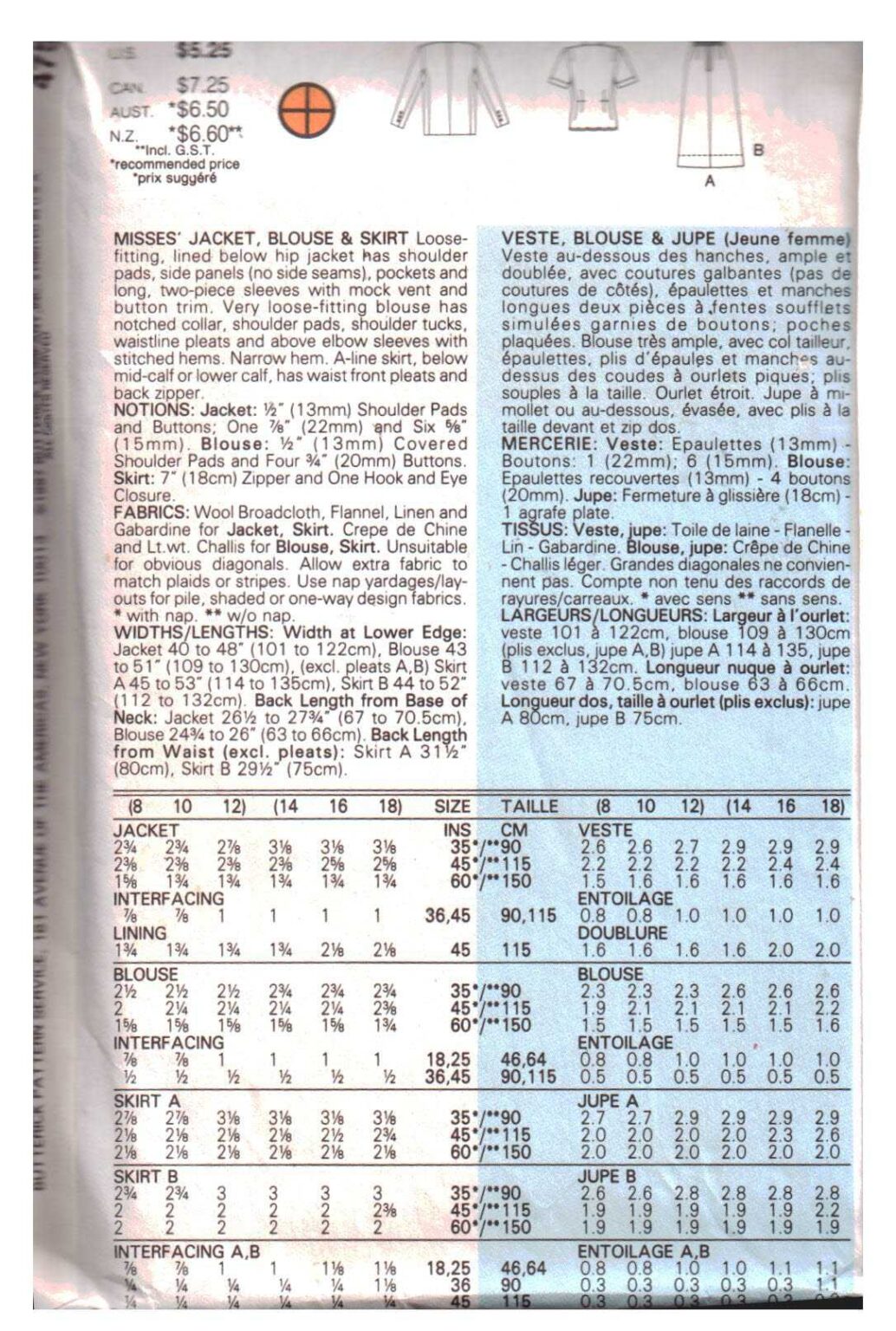 Butterick 4750 Jacket, Blouse, Skirt Size: 14-16-18 Uncut Sewing Pattern