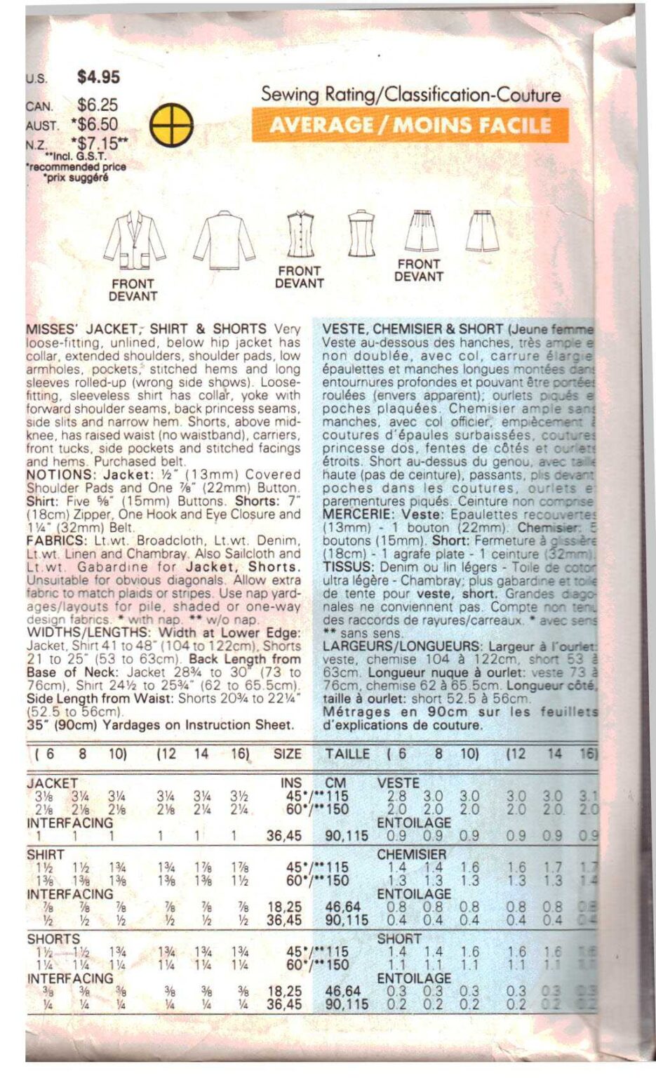 Butterick 6002 Jacket, Shirt, Shorts Size: 12-14-16 Uncut Sewing Pattern