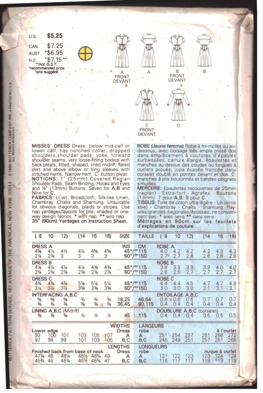 Butterick 6088 Dress Size: 14-16-18 Uncut Sewing Pattern