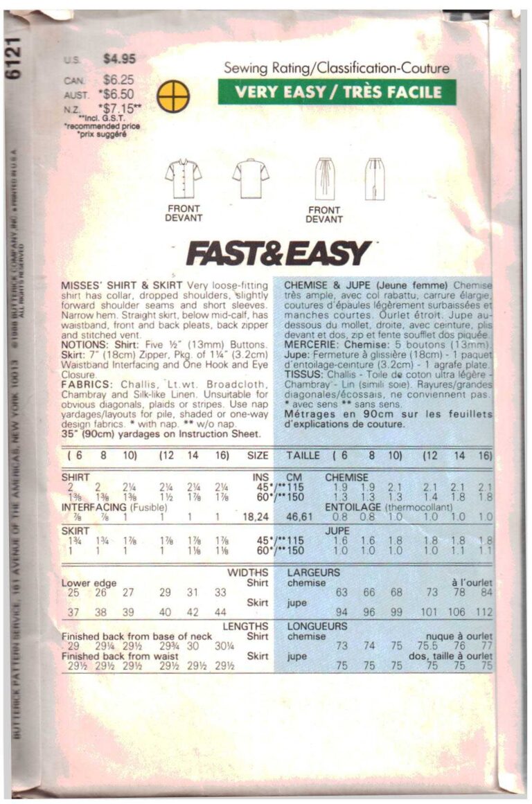 Butterick 6121 Shirt, Skirt Size: 12-14-16 Uncut Sewing Pattern