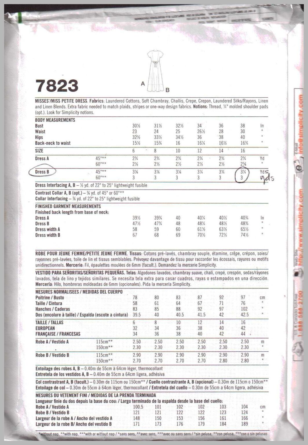 Simplicity 7823 Dress Size: A 6-16 Uncut Sewing Pattern