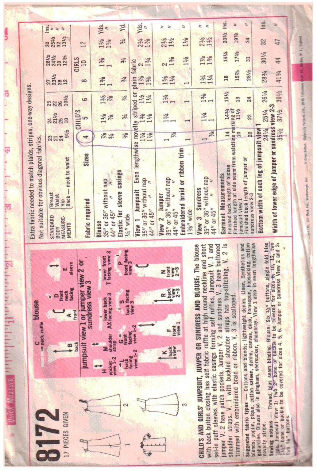 Simplicity 8172 Grils Dress Size: 4 Breast 23 Used Sewing Pattern