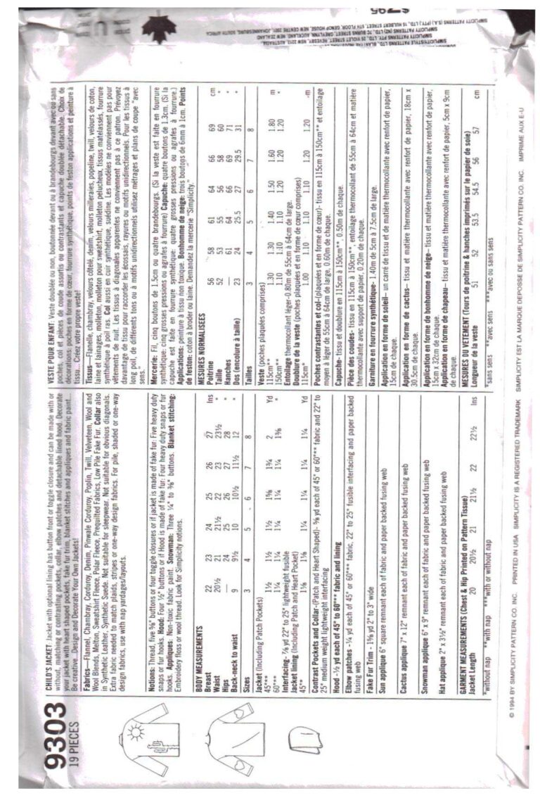 Simplicity 9303 Girls, Jackets Size: BB 5-6-7-8 Used Sewing Pattern